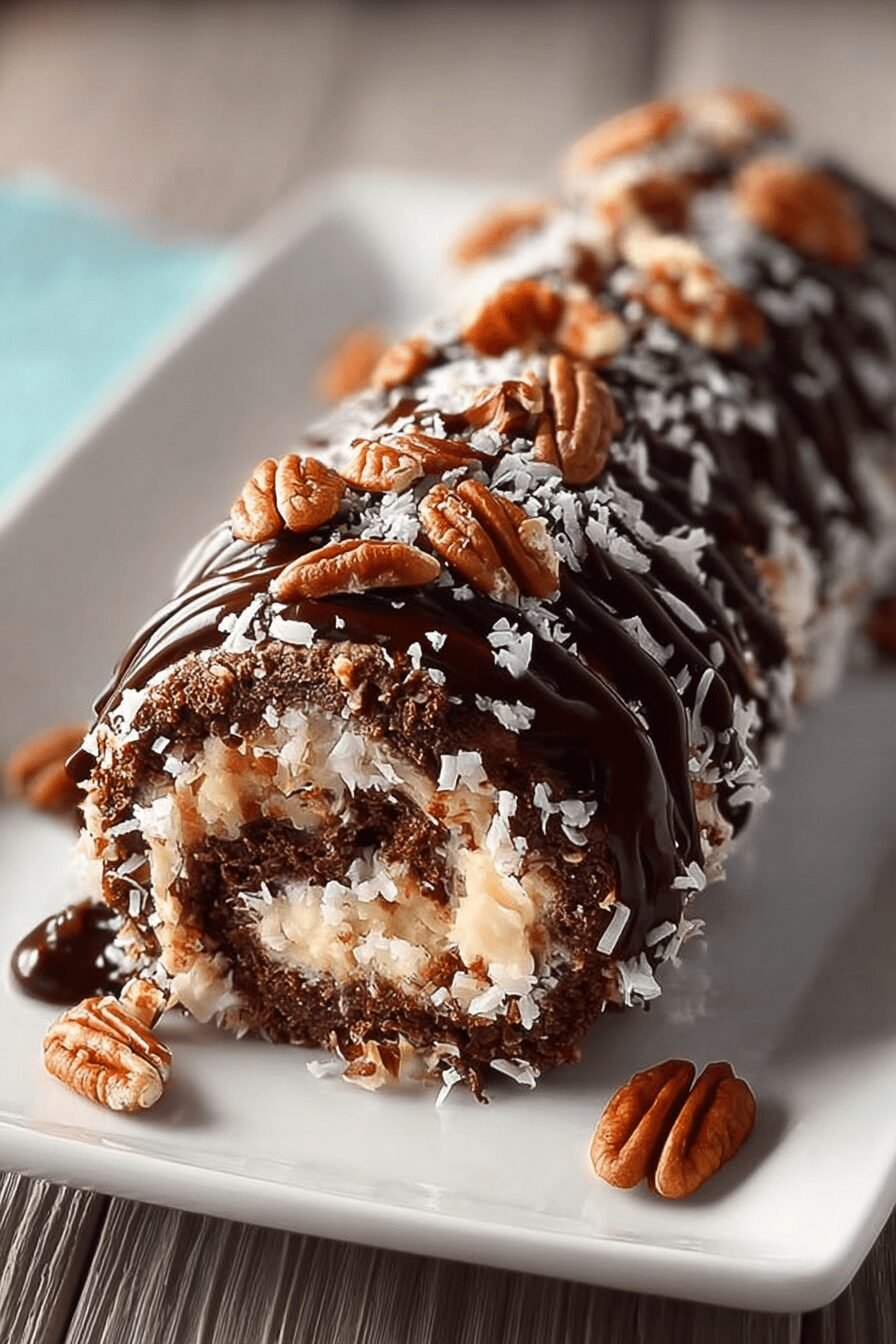 German Chocolate Cake Roll With Creamy Coconut Pecan Filling
