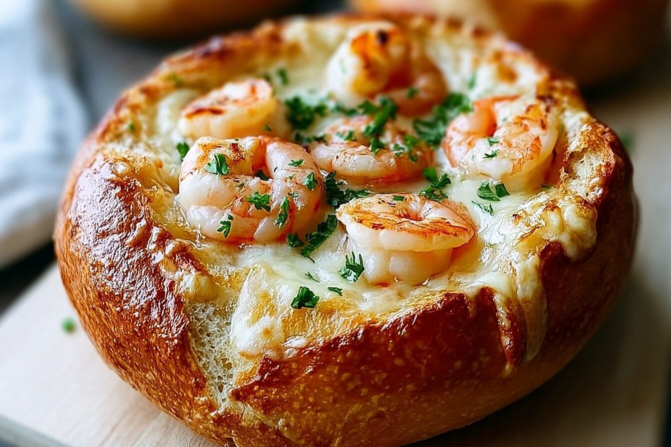 Shrimp Bread Bowl Recipe With Creamy Garlic Scampi Sauce