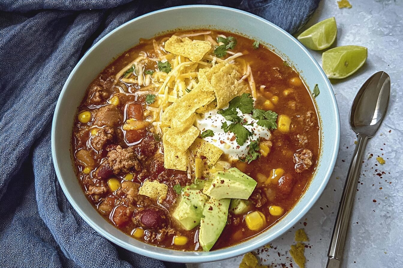 Zesty Taco Soup Recipe With Ground Beef And Cheesy Corn